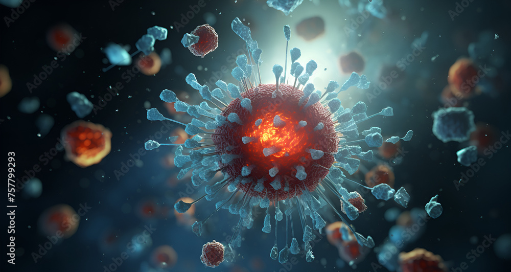 A spikey virus floating in the blood stream. Immune cell, nucleus ...