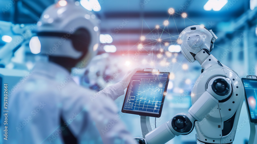 An engineer in a white lab coat interacts with an advanced humanoid ...