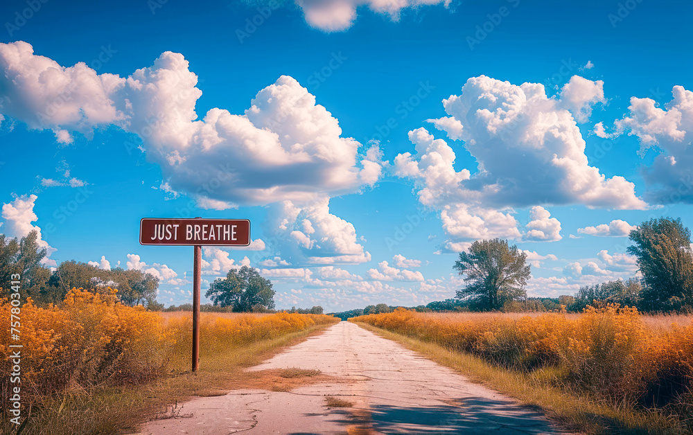 JUST BREATHE sign against a backdrop of fluffy clouds in a clear blue ...