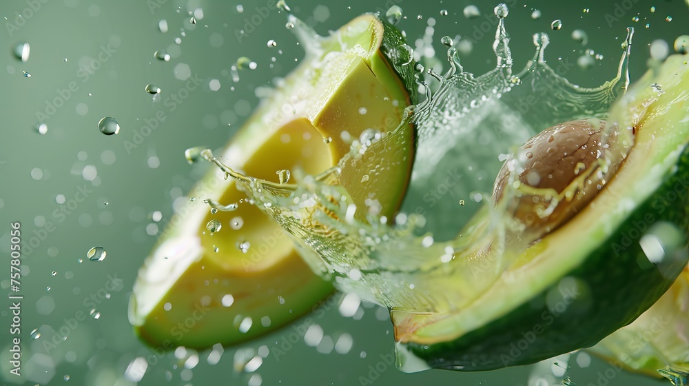Slices of fresh avocado floating over a mint green background with ...