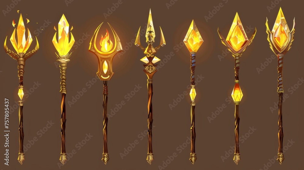 Cartoon illustration of a golden trident staff set isolated on a white ...