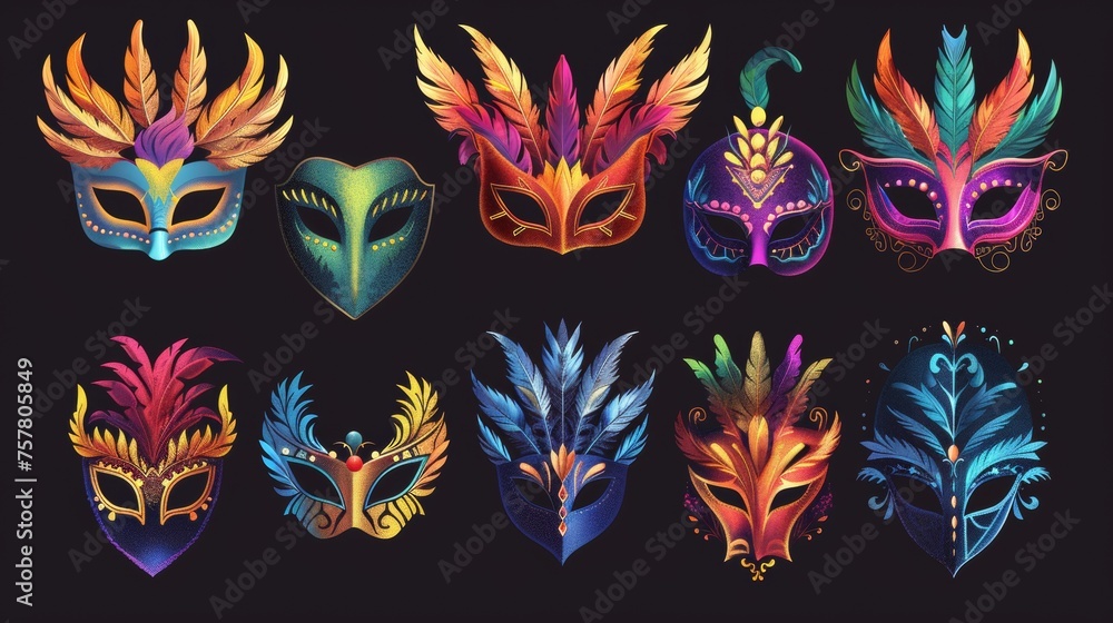 Animated modern illustration of a set of colorful carnival masks set on ...