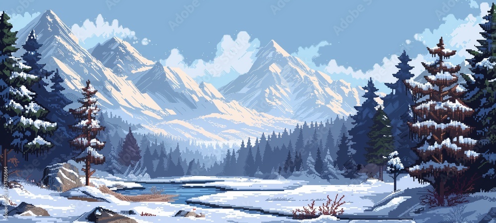 Pixel art depiction of a tranquil winter landscape. Snow-capped ...