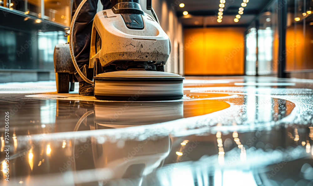 Professional janitorial staff using an industrial floor buffer machine ...