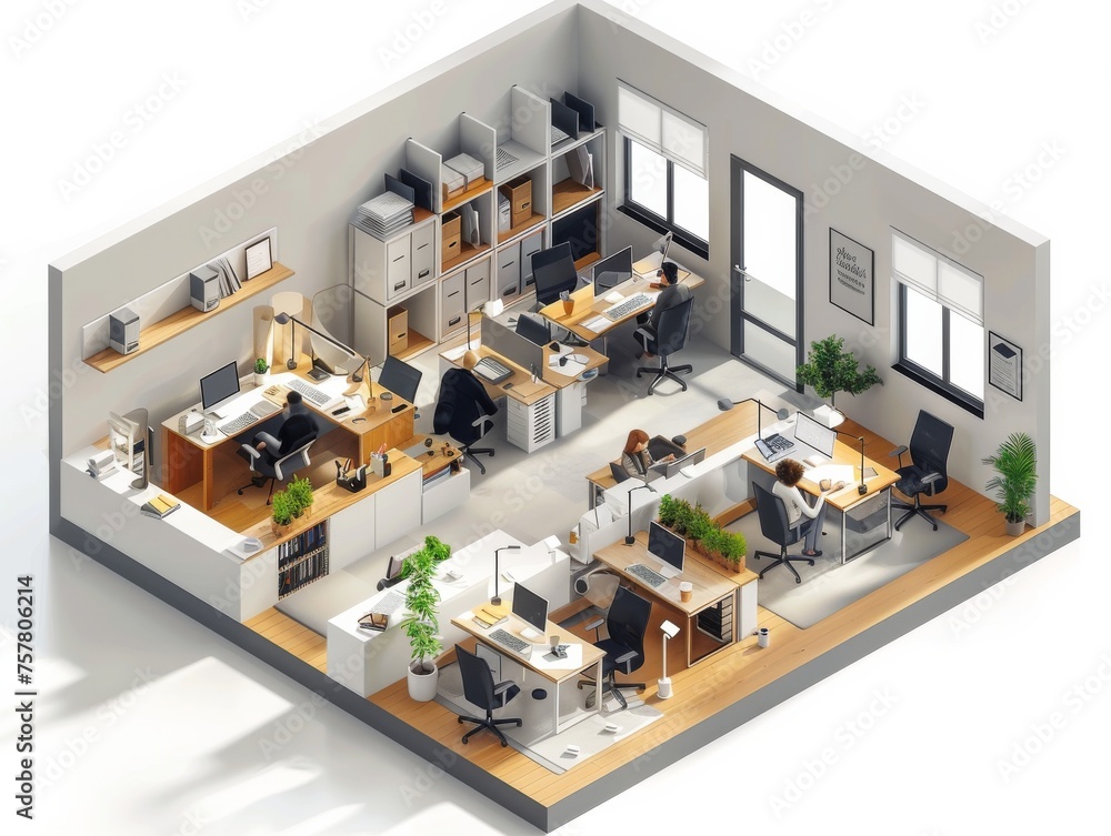 Bird's-eye view of a modern, well-organized open plan office with ...