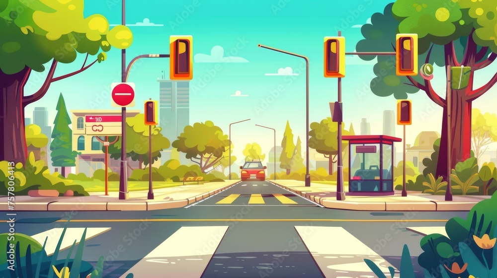 Streetscape with sidewalk, traffic lights, crosswalk, and bus stop ...