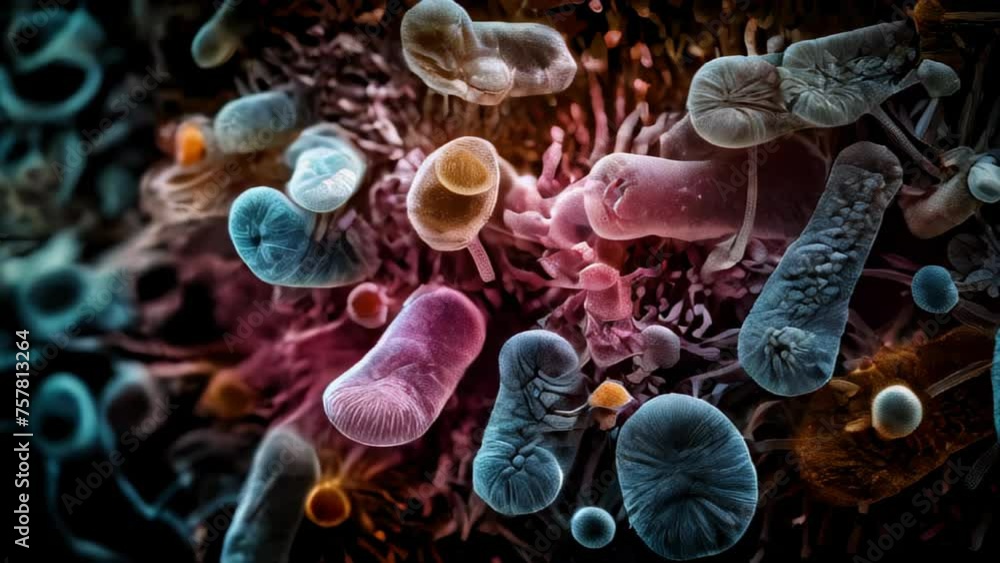 Virus cells or bacterias under microscope. Germs microbe microorganism ...