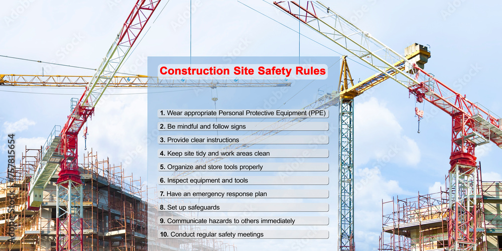 Construction site safety rules concept with buildings and tower crane ...