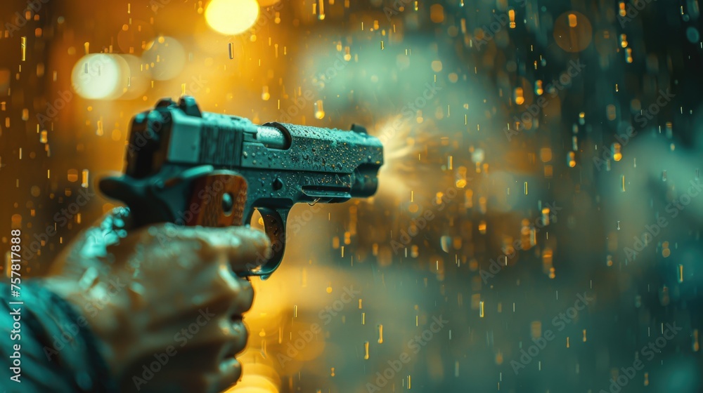 Hand firing gun with muzzle flash in rain. Close-up action shot with ...