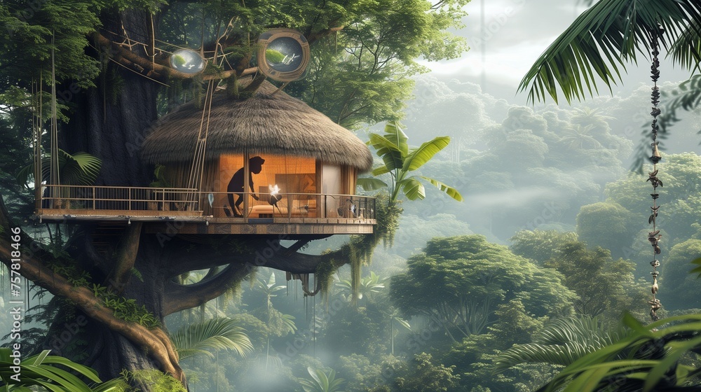 ภาพประกอบสต็อก A futuristic Indonesian treehouse, with AI-guided ...
