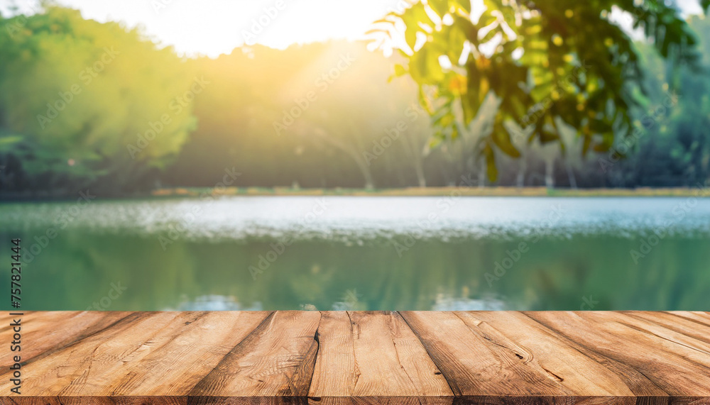 Abstract Natural wood table with Morning sun light with wind blowing ...