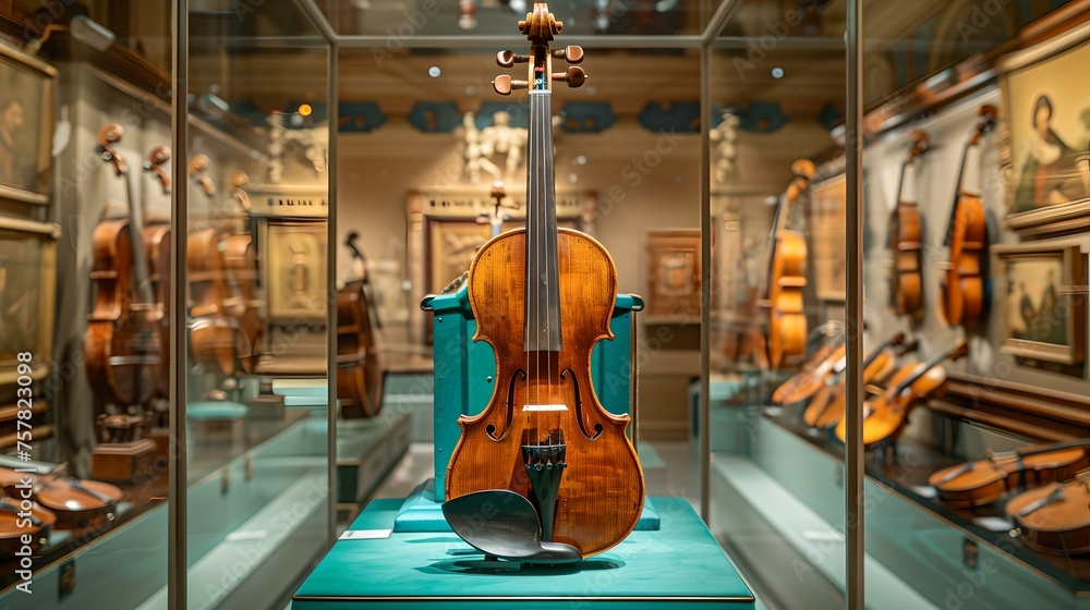 Collection of classic violins displayed in museum showcase. elegant ...