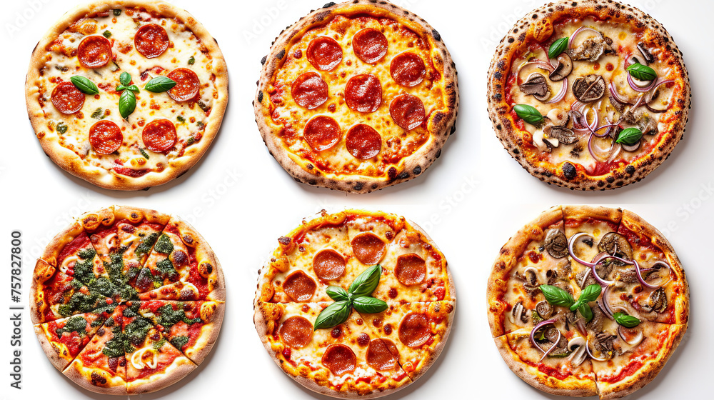 set of Six varieties of pizza featured on the menu, embodying the ...