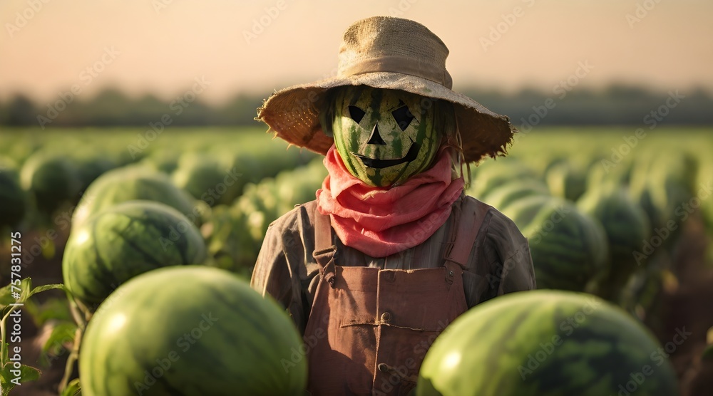 The Lonely Scarecrow in the Watermelon Patch, Bathed in Natural Light-Solitude Amongst Vines ...