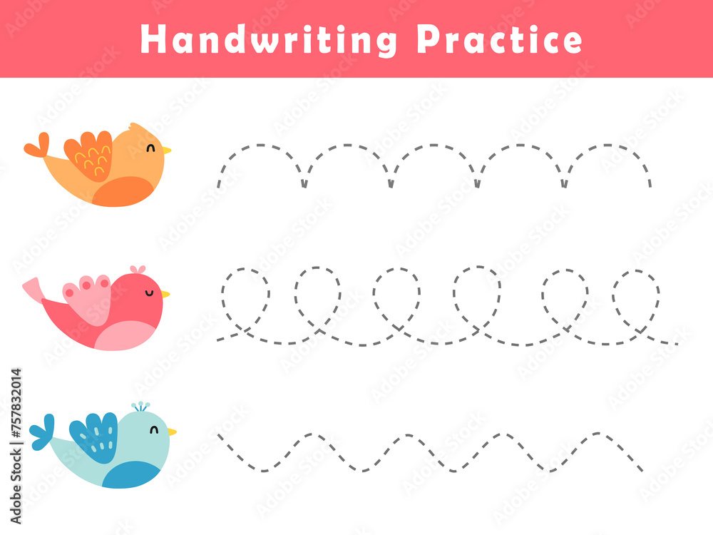 Handwriting practice sheet with cute bird illustration . Basic writing ...
