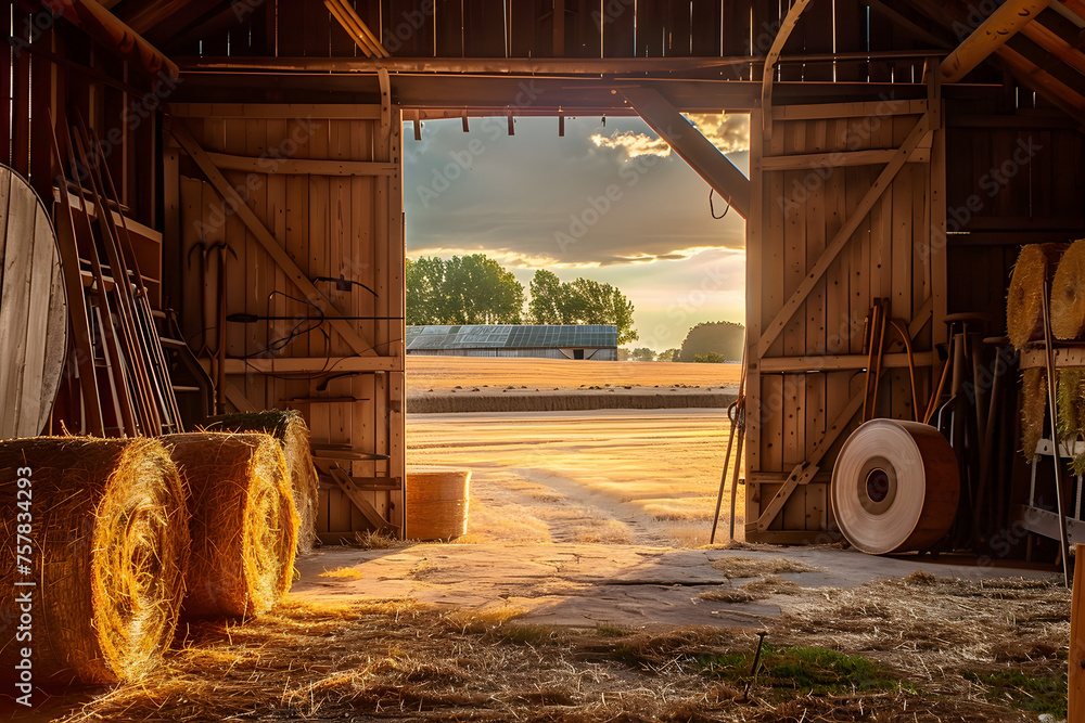 the inside of a barn with door open looking into the fields at golden ...