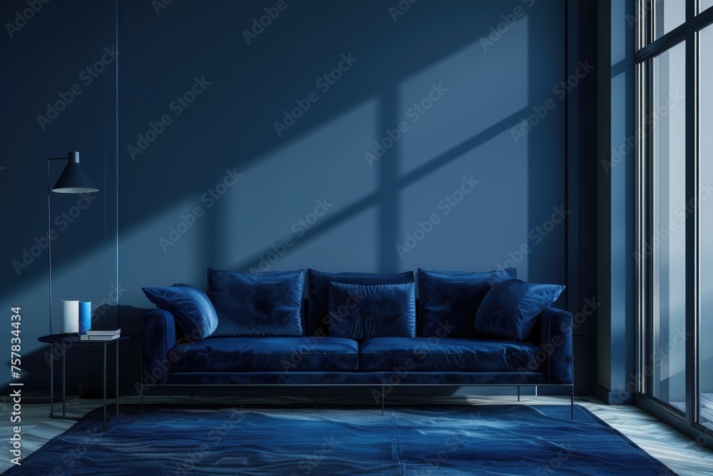 Blue Furniture in a Minimalist Modern Living Room. Cyan tones and dark ...