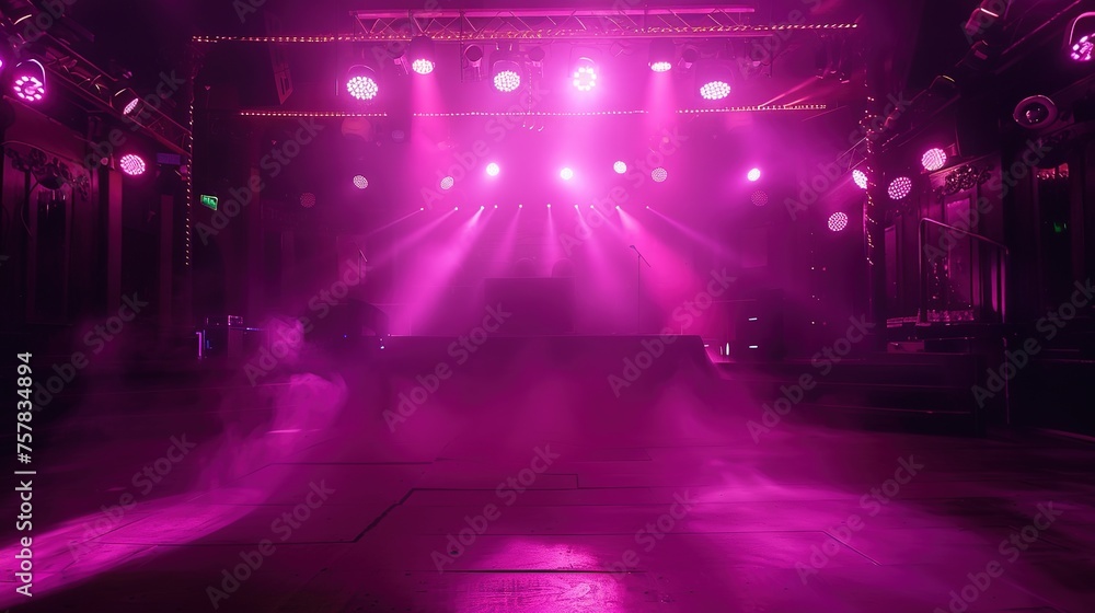 Empty night club stage illuminated with pink spotlights. Retro dance ...