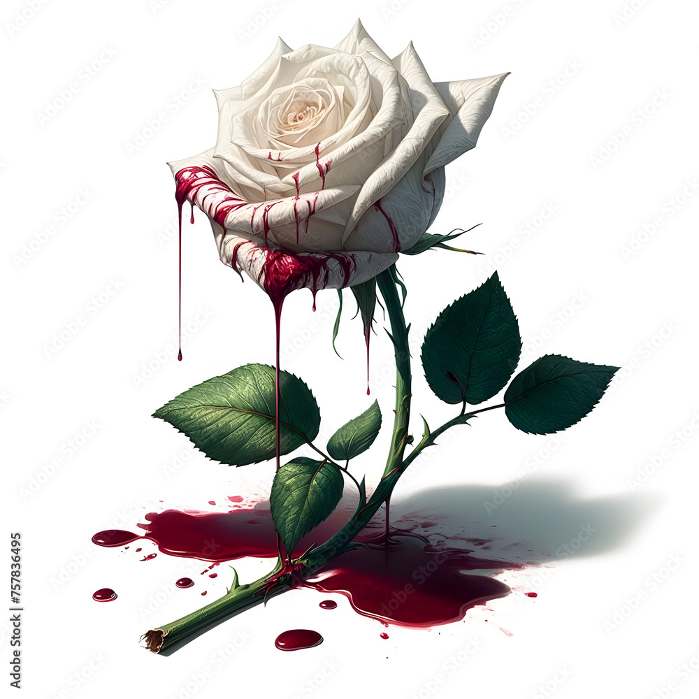 A white rose, long stem, withered, a drop of blood on the rose petal ...