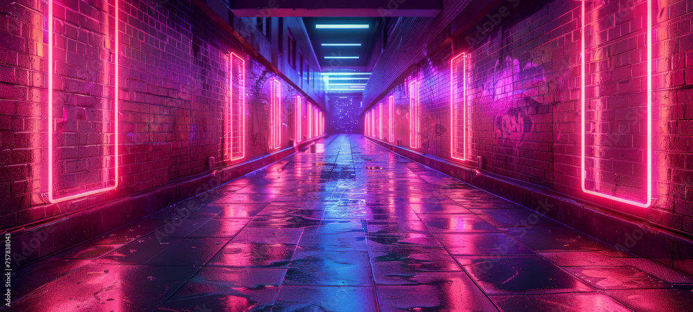 A vibrant, atmospheric urban scene captured at night in a neon-lit ...