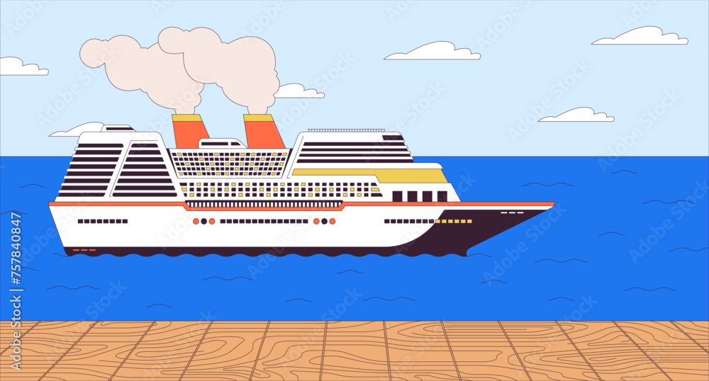 Cruise ship pier cartoon flat illustration. Harbor cruiseliner 2D line ...