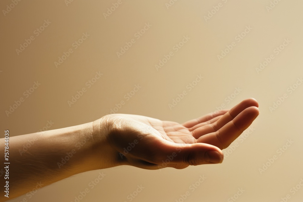 A hand is shown with its palm facing up, with the fingers spread out ...