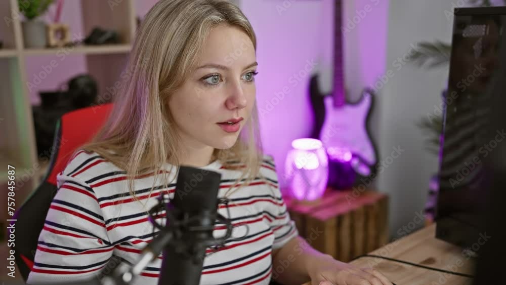 Vidéo Stock Confident young woman streamer, blonde, gesturing 'shh ...