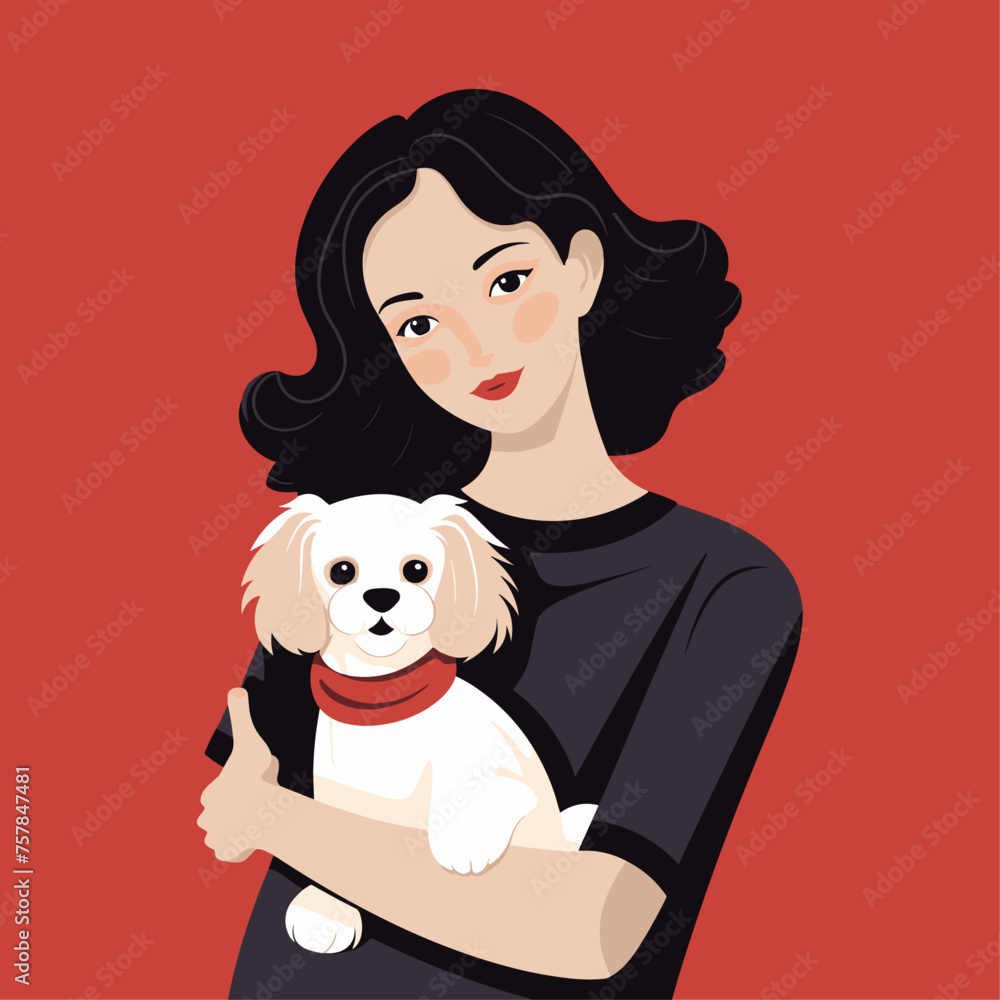 Young cute happy woman hugging dog with love vector illustration ...