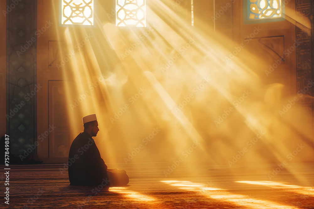 Muslim man praying while sitting on the mosque floor in the sunbeam ...