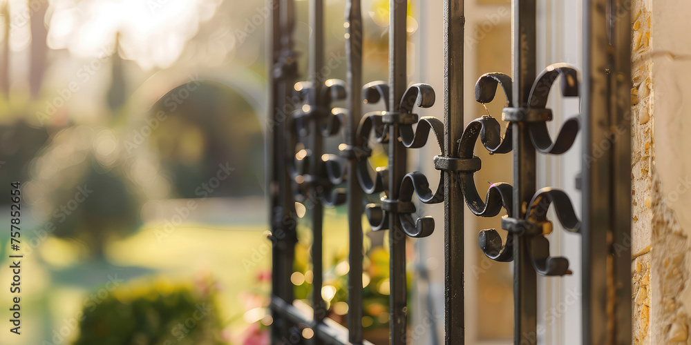 Elegant Wrought Iron Window Grill. Close-up of ornate wrought iron ...