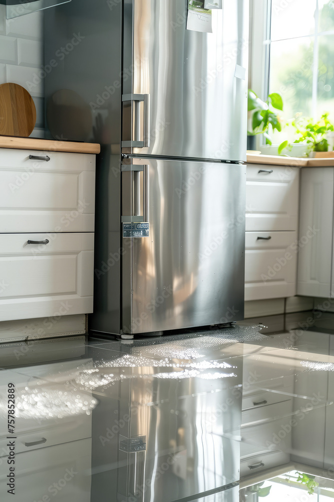 Leaking Refrigerator in Modern Kitchen. Puddle of water under ...