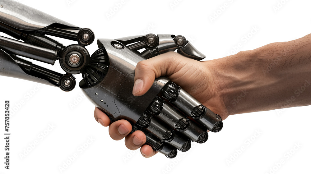 Digital robot handshake human on a white background futuristic digital ...