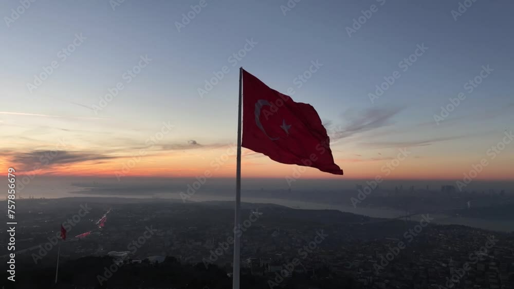Turkish Flag (Turk Bayragi) in the Sunset Time Drone Video, Camlica ...