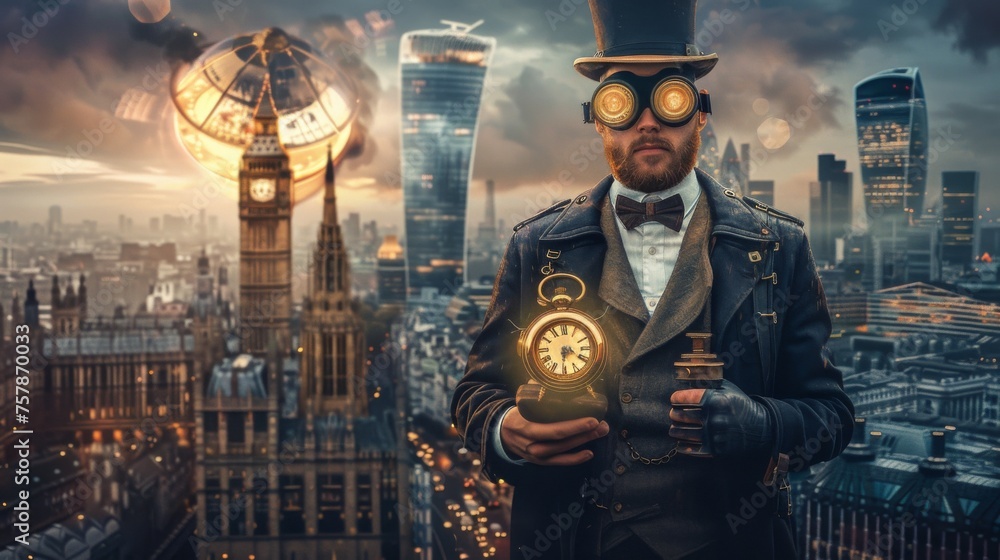 time Traveler man in Victorian steampunk gear, against a backdrop of ...