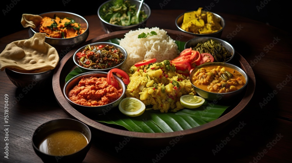Bowl of variety of traditional vegan Sri Lankan food with different ...