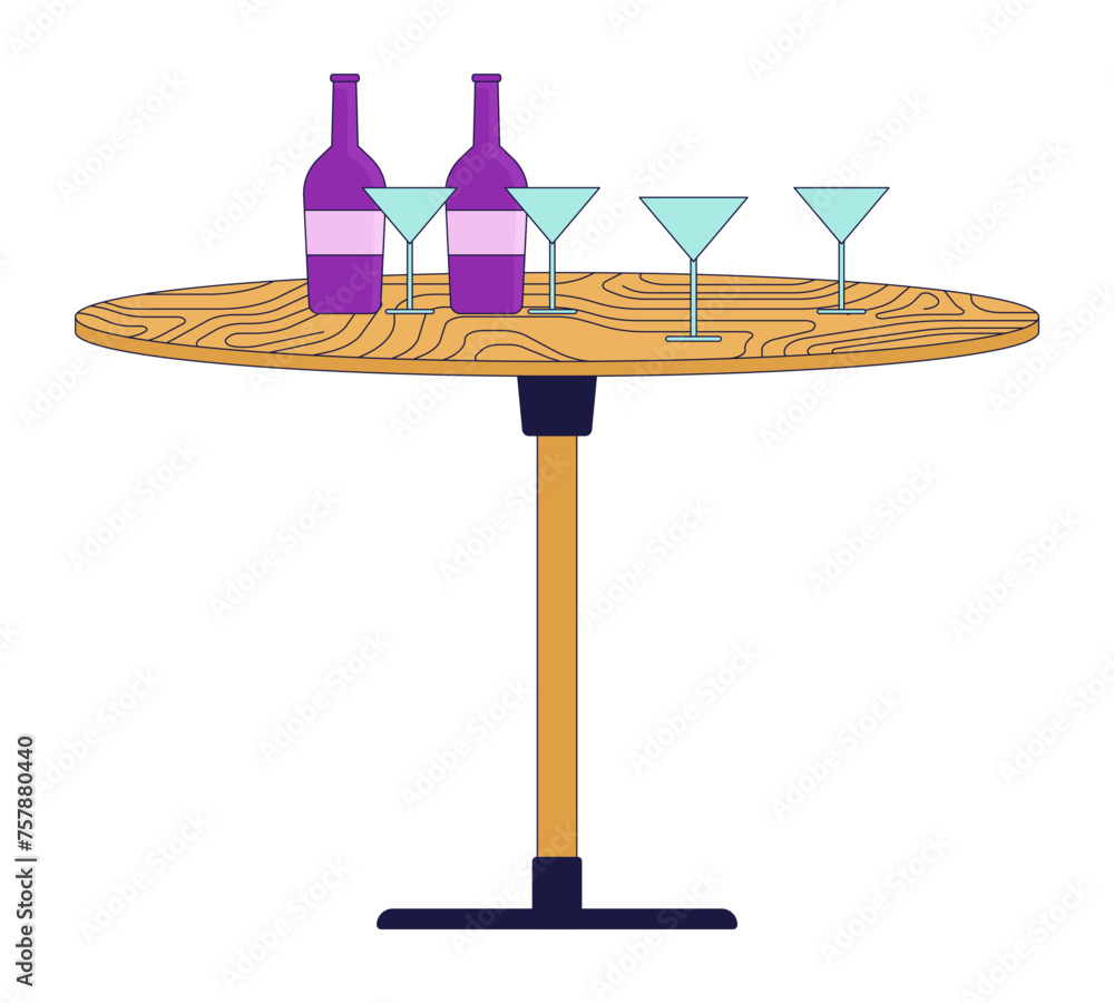 Alcohol drinks on table 2D linear cartoon object. Cocktails for guests ...