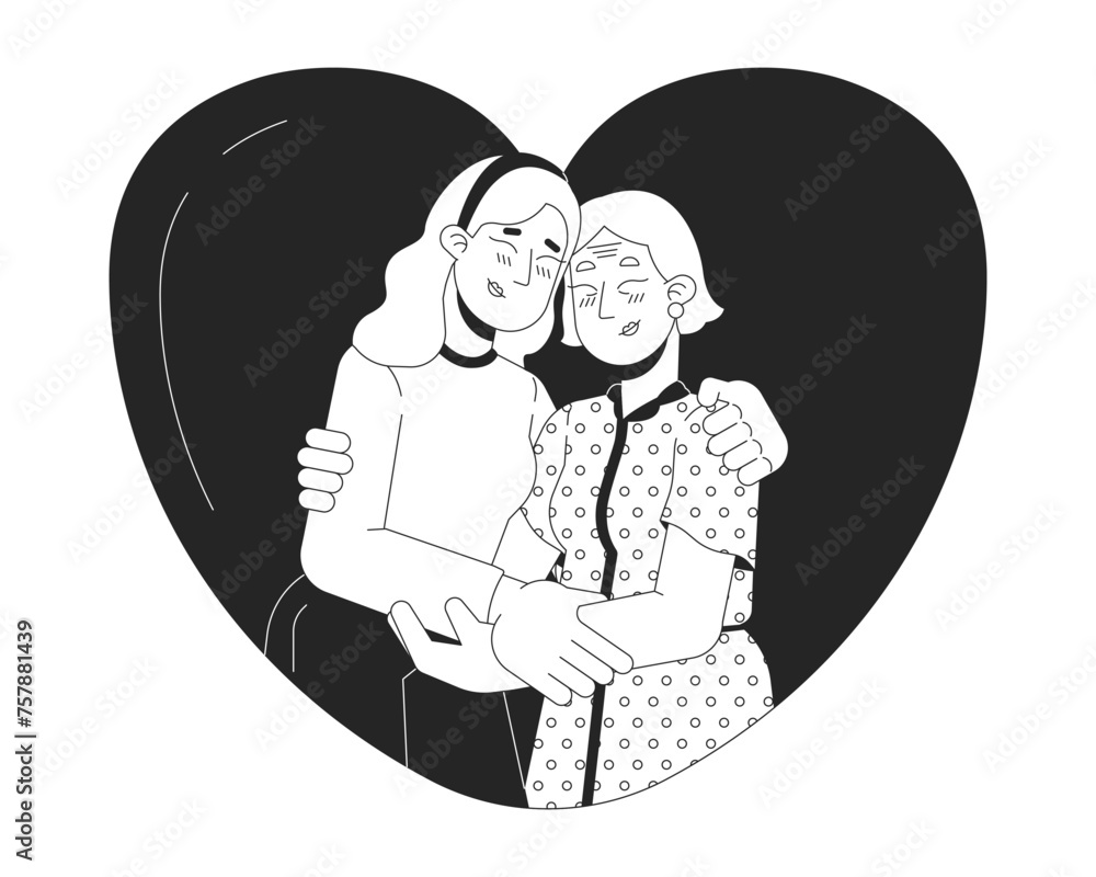 Heart-shaped older mother daughter hug black and white 2D line cartoon ...