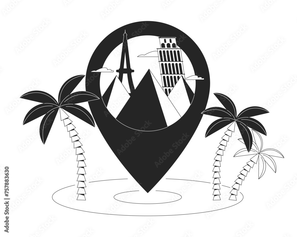 Travel destination pin black and white 2D illustration concept ...