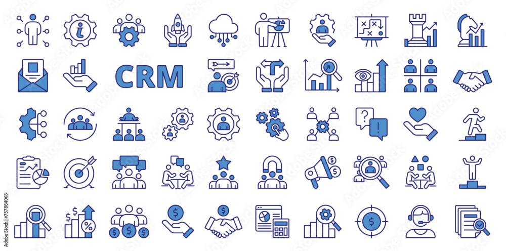 CRM icons in line design, blue. CRM system, CRM software, business ...