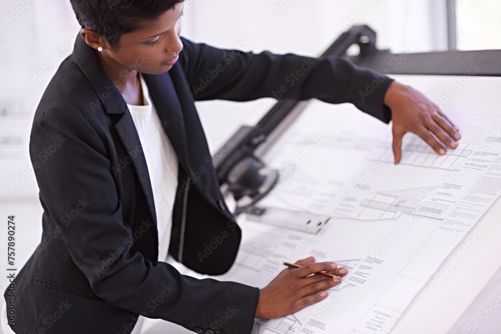 Architect, civil engineering or black woman drawing on blueprint or ...