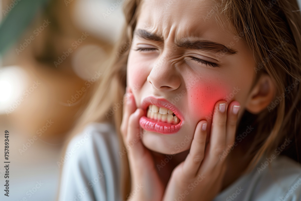 Young girl with toothache, periodontal disease of primary teeth, gum ...