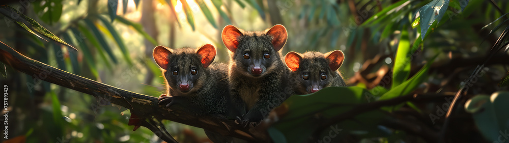 Possum family in the forest with setting sun shining. Group of wild ...