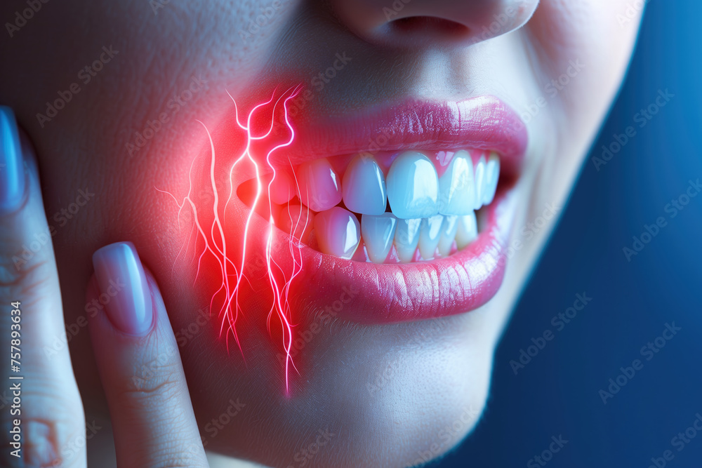 Young woman with toothache, periodontal disease in wisdom teeth, gum ...
