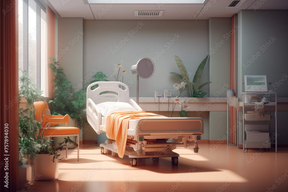 Hospital room with patient bed, medical equipment, and window natural ...