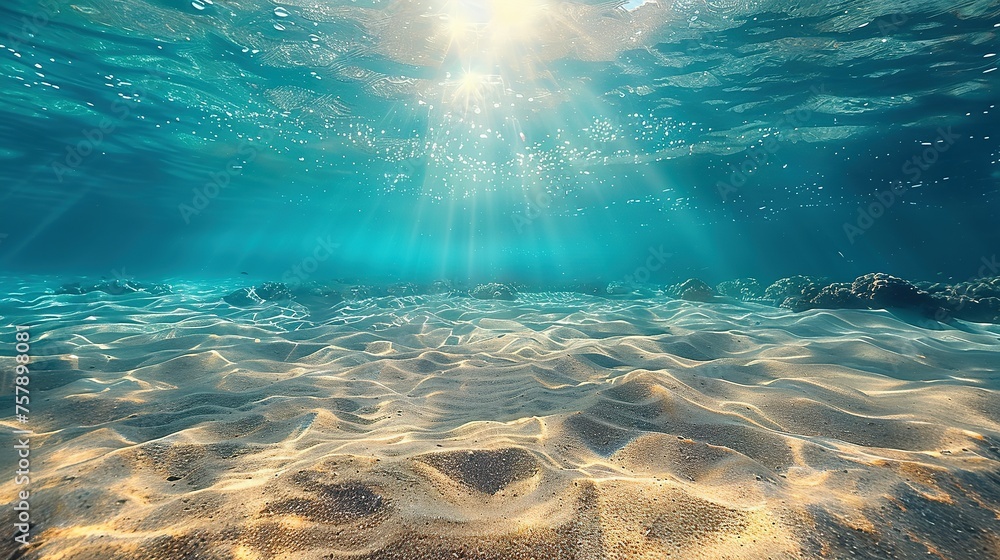 Seabed sand with blue tropical ocean above, empty underwater background ...