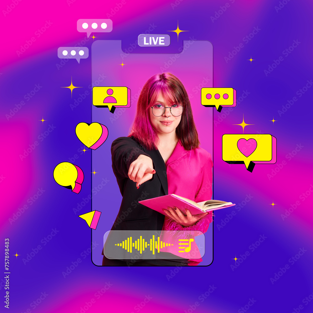 Young girl leading live video stream on social media. Online education ...