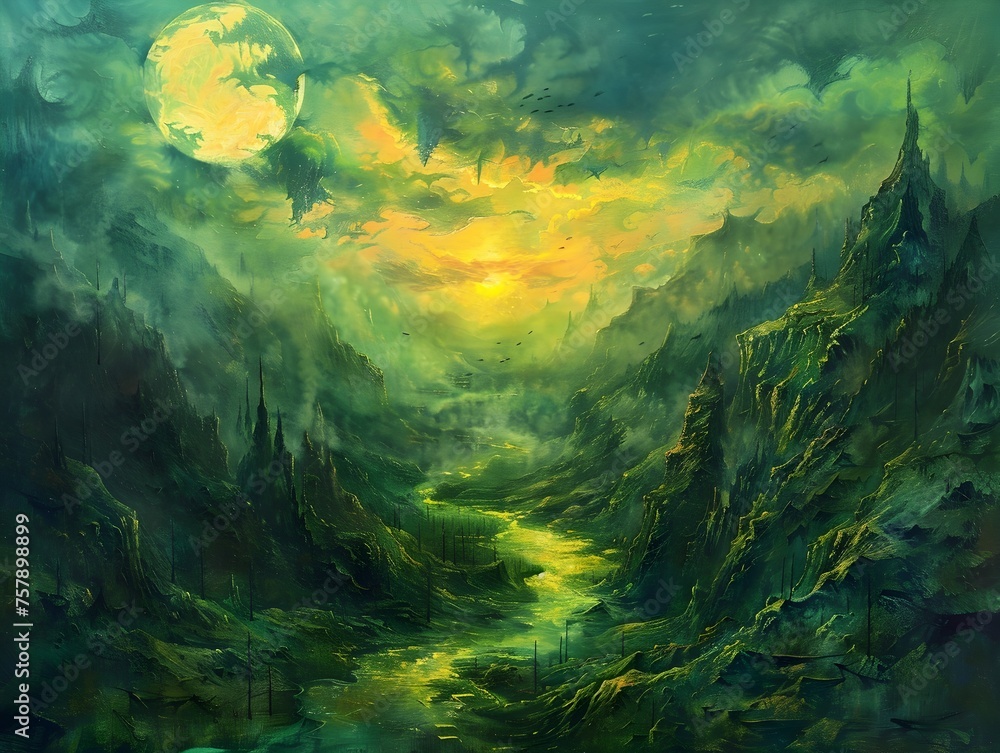 Moonlit Green Valley: A Surreal Oil Painting Masterpiece Embracing ...