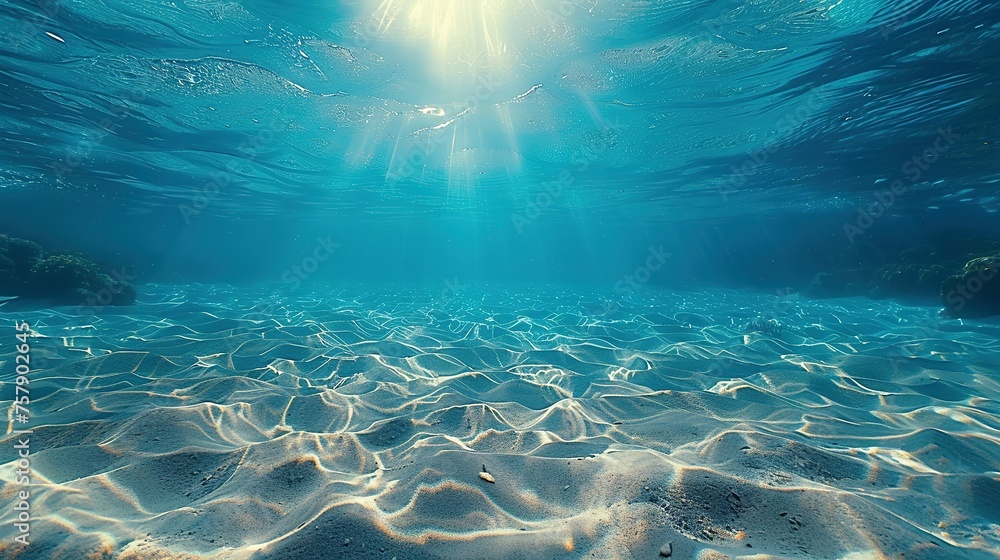 Seabed sand with blue tropical ocean above, empty underwater background ...