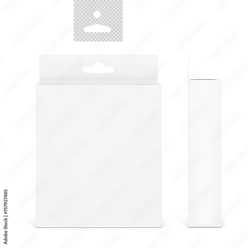 Hanging packaging box mockup for electronic and mobile accessories. Front and side views. Vector ...