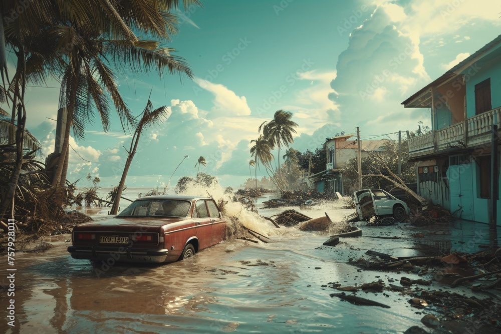 A tsunami flooding an island uprooting trees and destroying homes ...